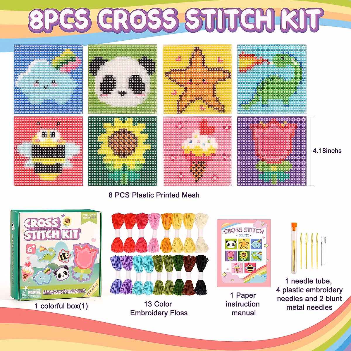 Caydo 8-in-1 Cross Stitch Kit for Beginners Kids, Includes 8 PCS Plastic Canvas with Pre-Patterns, 13 Colors Threads, Instructions, Embroidery Needles for Beginners Sewing