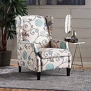 Christopher Knight Home Westeros Traditional Wingback Fabric Recliner Chair (White & Blue Floral) and Ippolito Fabric Pillows, 2-Pcs Set, White and Blue Floral