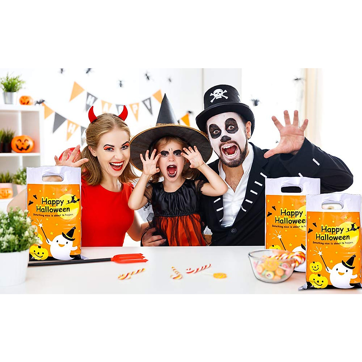 Halloween Trick or Treat Bags,50 Packs Plastic Candy Bags for Party Favors, Snacks, Decoration, Children Arts & Crafts, Event Supplies