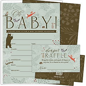 Koko Paper Co Enchanted Woodland Baby Shower Invitations and Diaper Raffle Tickets | 75 Count: 25 Fill-in Invitations, 25 Bright White Envelopes and 25 Diaper Raffle Tickets | Heavy Card Stock