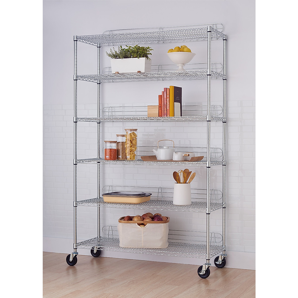 TRINITY EcoStorage Heavy Duty 6-Tier Adjustable Wire Shelving with Wheels and Backstands for Kitchen Organization, Garage Shelving, NSF Certified, 48” W x 18” D x 72-77” H, 800-4800 lb Capacity Chrome