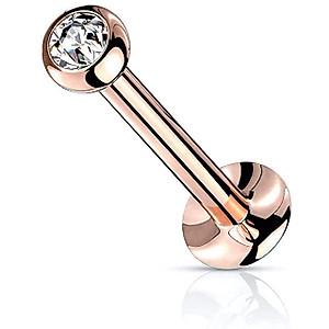 Push in Jeweled Ball Top PVD Over 316L Surgical Steel Threadless Labret, Monroe, Flat Back Stud (20GA (0.8mm), Length: 1/4" (6mm), Ball: 2mm, Rose Gold)