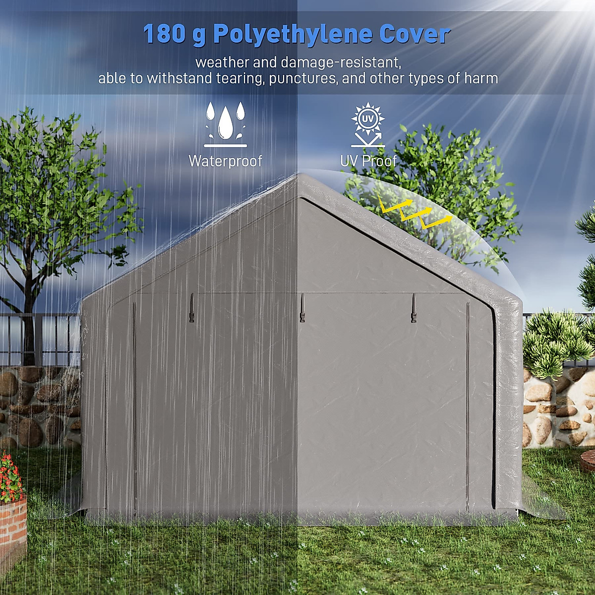 WIILAYOK Outdoor Storage Shelter, 10x10 ft Portable Shed with Roll up Zipper Door, Waterproof and UV Resistant Anti-Snow, Heavy Duty Carport for Storing Garden Tools, Outdoor Equipment