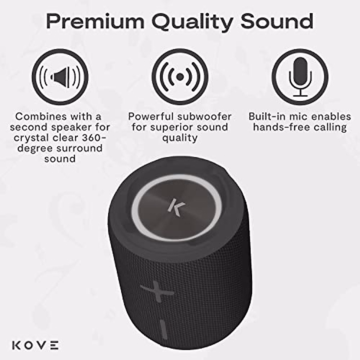 KOVE Mini Commuter 2 Portable Speaker - Black Bluetooth Speakers, Wireless with HD Louder Volume, Deep Bass Subwoofer, Microphone, IPX7 Water Resistant - Perfect Boom Box for Home, Outdoor or Travel