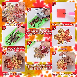 12 Pieces Fall Diamond Painting Keychains Fall Leaves Diamond Art Key Rings Double Sided Full Drill Maple Leaf 5D Diamond Pendants DIY Diamonds Hanging Ornaments for Autumn Thanksgiving Party Decor