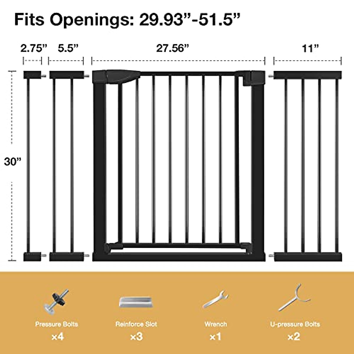 Wide Baby Gate, ALVOD 29.93''-51.5'' Wide 30" High Dog Gates for The House Auto Close, Easy Walk Thru Extra Wide Baby Gate with Door, Black