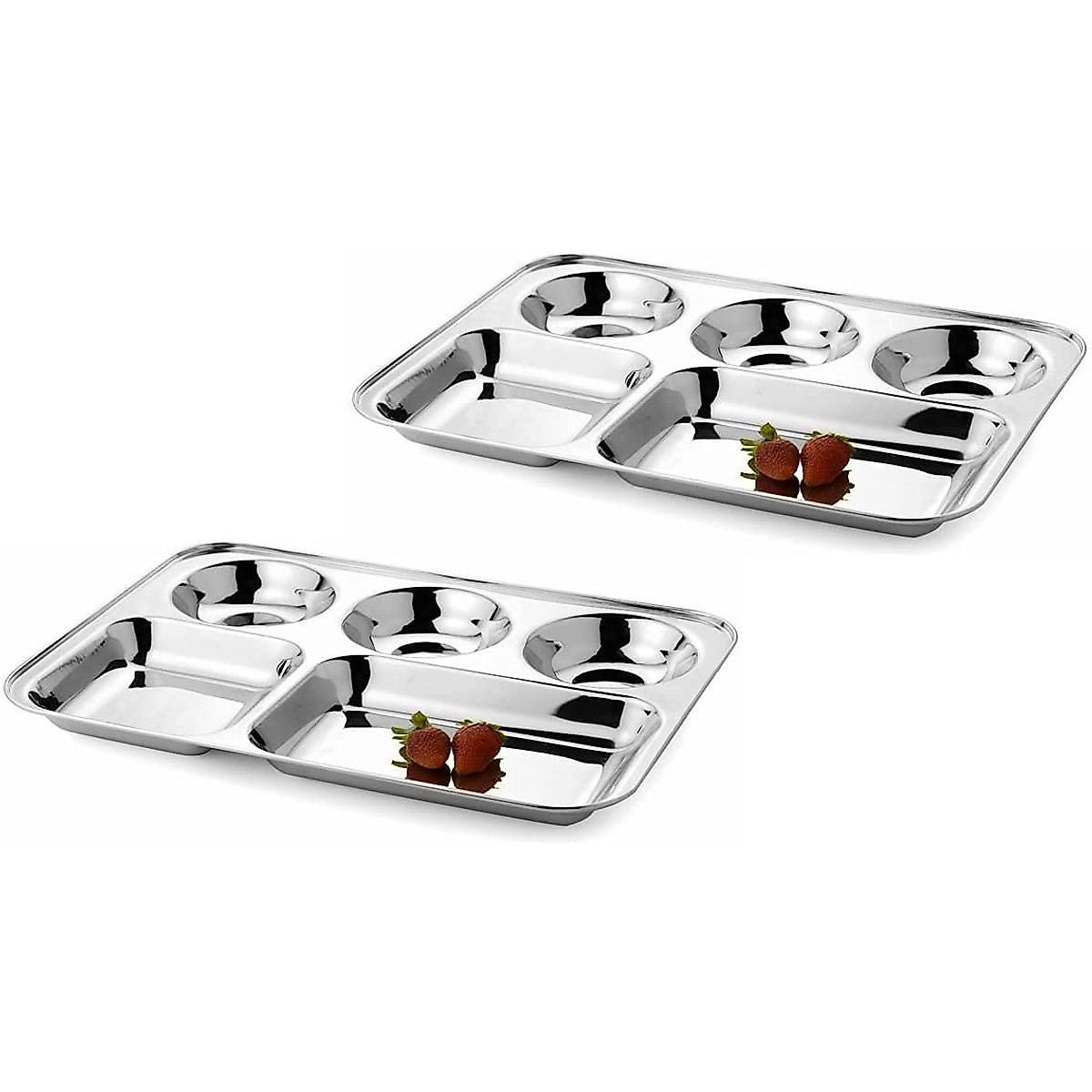 WhopperIndia Stainless Steel Five Compartment Round Plate, Thali, Mess Tray, Dinner Plate Set of 6 pcs- 13 inch, Silver