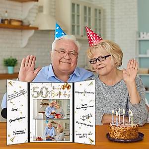 DARUNAXY Black Gold 50th Birthday Party Decorations, Happy 50th Birthday Alternative Signature Guest Book for Men Women 50 Years Old Table Sign Picture Frame Gift 50 Birthday Card Board Party Supplies