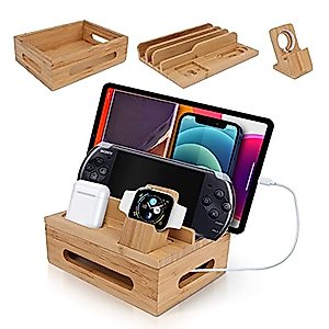 komonotown Natural Bamboo Charging Station for Multiple Devices, Docking Station Organizer for iPhone, Smart Watch, Tablet, Airpod - for Bedside, Desk (No USB Hub)