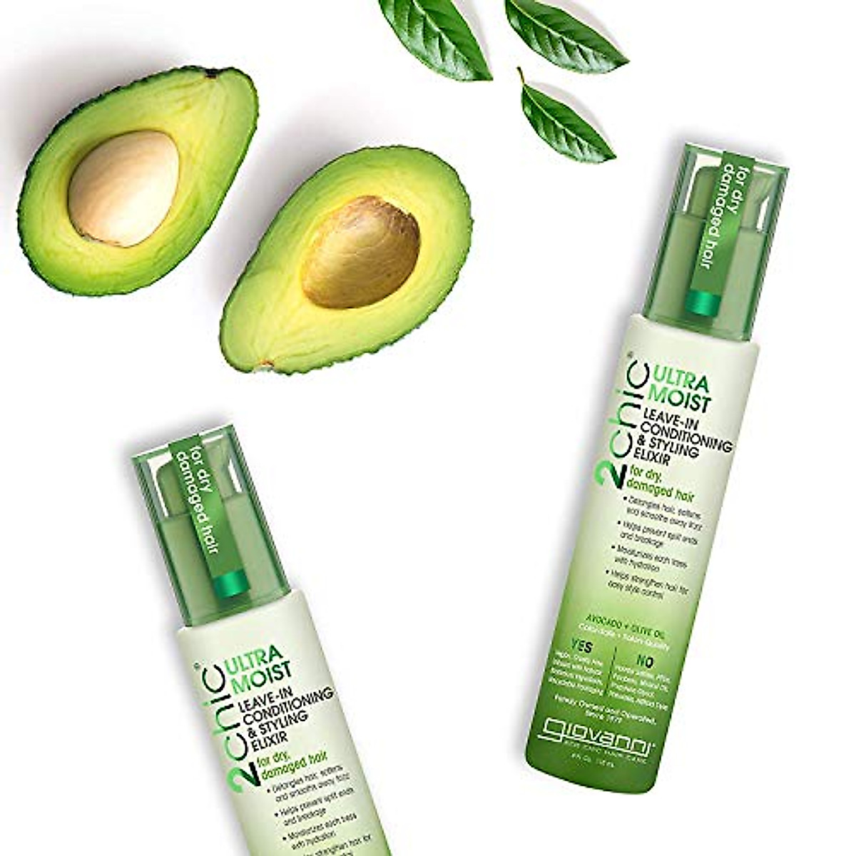 GIOVANNI 2chic Ultra-Moist Leave-In Conditioning Styling Elixir - Smoothes Frizz Prevents Breakage, For Dry & Damaged Hair, Avocado & Olive Oil, Enriched with Aloe Vera, Shea Butter - 4 fl oz