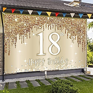 Happy 18th Birthday Banner Backdrop Decorations for Girls, Gold White Sweet 18 Birthday Sign Party Supplies, Eighteen Year Old Birthday Photo Booth Background Poster Decor(72.8 x 43.3 Inch)