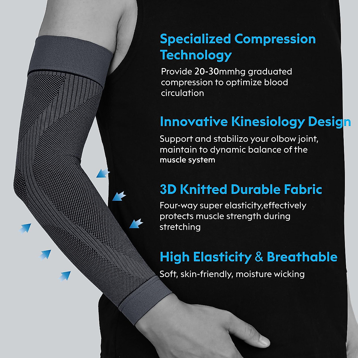 KEKING® Compression Arm Sleeves, Pair, Firm 20-30mmHg Graduated Compression Full Arm Support for Recovery, Pain Relief, Tendonitis, Golfers & Tennis Elbow Brace, Workouts Sports - Latex Free Grey XL