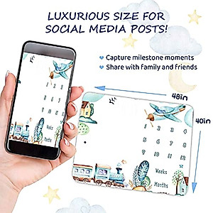 Airplane and Train Baby Monthly Milestone Blanket for Boy, Baby Blanket with Month Marker Frame, 48x40in, 1-12 Months Milestones, for Baby Showers and Newborn