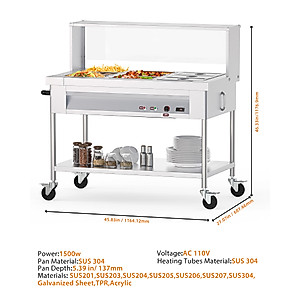 72QT Steam Table 9x8QT Electric Commercial Food Warmer 9-Pans with Acrylic Shield Stainless Steel Bain Marie Countertop with Lockable Wheels for Restaurants Buffets Party 1500W, 110V