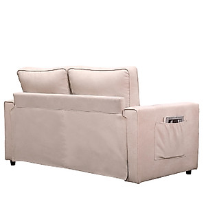 MATONELL 3-in-1 Upholstered Futon Sofa Convertible Floor Sofa Bed,Foldable Tufted Loveseat with Pull Out Sleeper Couch Bed,Folding Mattres Love Seat Daybed W/Side Pockets for Living Room,Beige