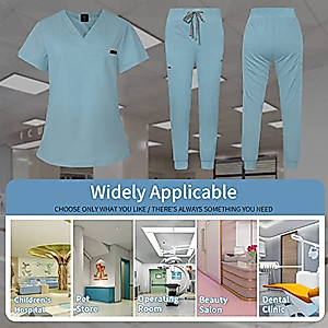VIAOLI Scrubs for Women Set Stretchy V-Neck Scrubs Top and Jogger Pants with Drawstring 8 Pocket Womens Scrubs (Light Blue,S,Small)