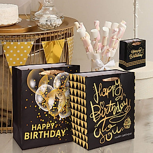 Whaline 10 Pack Birthday Gift Bag, Black Gold Party Favor Bags with Ribbon Handle and 24 Sheets Tissue Paper, Happy Birthday Treat Goodie Bags for Birthday Baby Shower Party Supplies (5 Sizes)