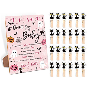 Don't Say Baby Clothespin Game, Halloween Baby Shower Game Wood Sign and 50 Pcs Mini Clothespins, Gender Neutral, Halloween Baby Shower Party Decoration Favors Supplies, Halloween Decor-2