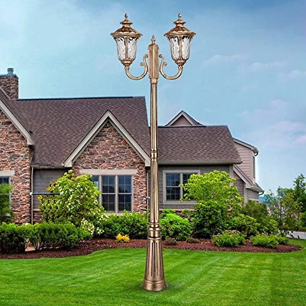 MODEBHD 215cm 2-Heads European Antique Retro Glass Column Lamp Victoria Lantern Aluminum Outdoor Waterproof Column Light Lawn Street Post Light E27 Decoration Villa Garden Fence High Pole Lamp