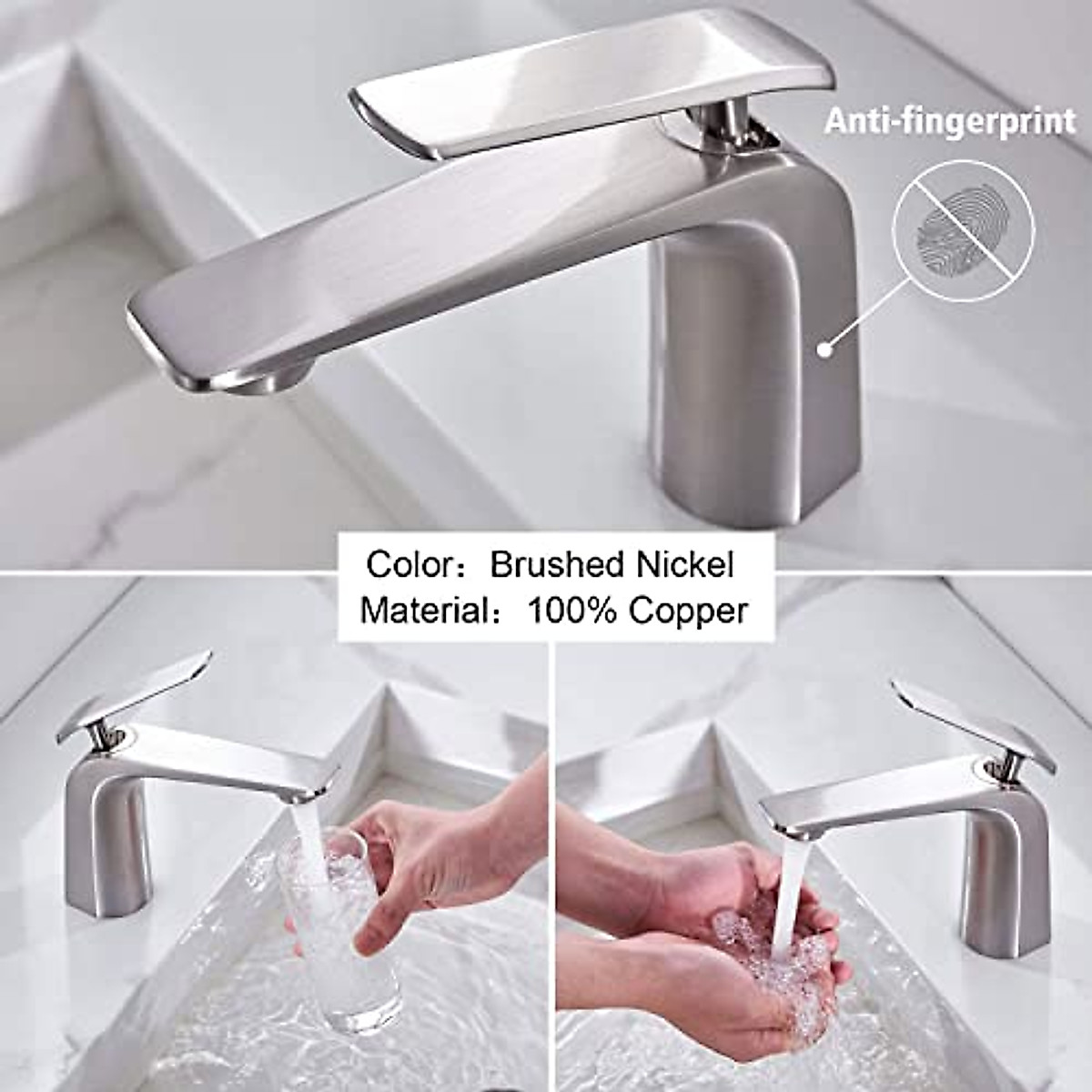 TOCALOCA 1 Handle Bathroom Faucet Brushed Nickel Sink Faucet, One Hole Bathroom Sink Faucet, Modern Basin Mixer Taps, Premium Copper Vanity Vessel Faucet with Water Supply Hose