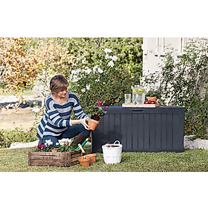 Keter Marvel Plus 71 Gallon Resin Deck Box and Arm & Hammer Pooper Scooper Swivel Bin & Rake Dog Poop Scooper, Black