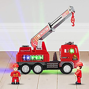 Zetz Brands Fire Engine Ladder Truck for Kids with Two Fireman Figures - 4d Lights & Real Siren Sounds | Bump and Go Toy - Automatic Steering On Contact - Imaginative Play