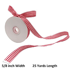 Red and White Gingham Ribbon, 5/8" x 25Yd Roll Picnic Craft Ribbon Red Buffalo Ribbon for Crafts Hair Accessories Craft and Christmas Gift Wrapping,5/8 Inch Polyester Woven Edge +60" Tape Measurement