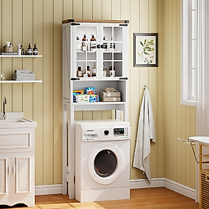 FREDEES Over The Toilet Storage Cabinet with Shelves & Doors, Toilet Shelf Space Saver with Anti-Tip Design & Ceiling Light, Free Standing Over Toilet Bathroom Organizer, White