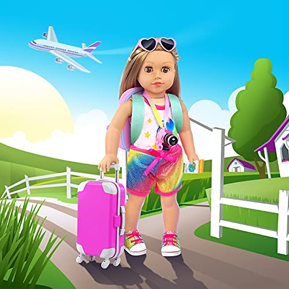 ZITA ELEMENT 24 Pcs 18 Inch Girl Doll Accessories Suitcase Luggage Travel Set Including 18 Inch Doll Clothes Luggage Pillow Blindfold Sunglasses Camera Computer Cell Phone Ipad and Other Stuff