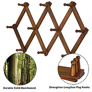 Dseap Accordian Wall Hanger: 16” High Wooden Wall Expandable Coat Rack, Hat Rack Holder, Accordion Hook for Baseball Caps, Coats, Mugs, 10 Peg Hooks, Brown