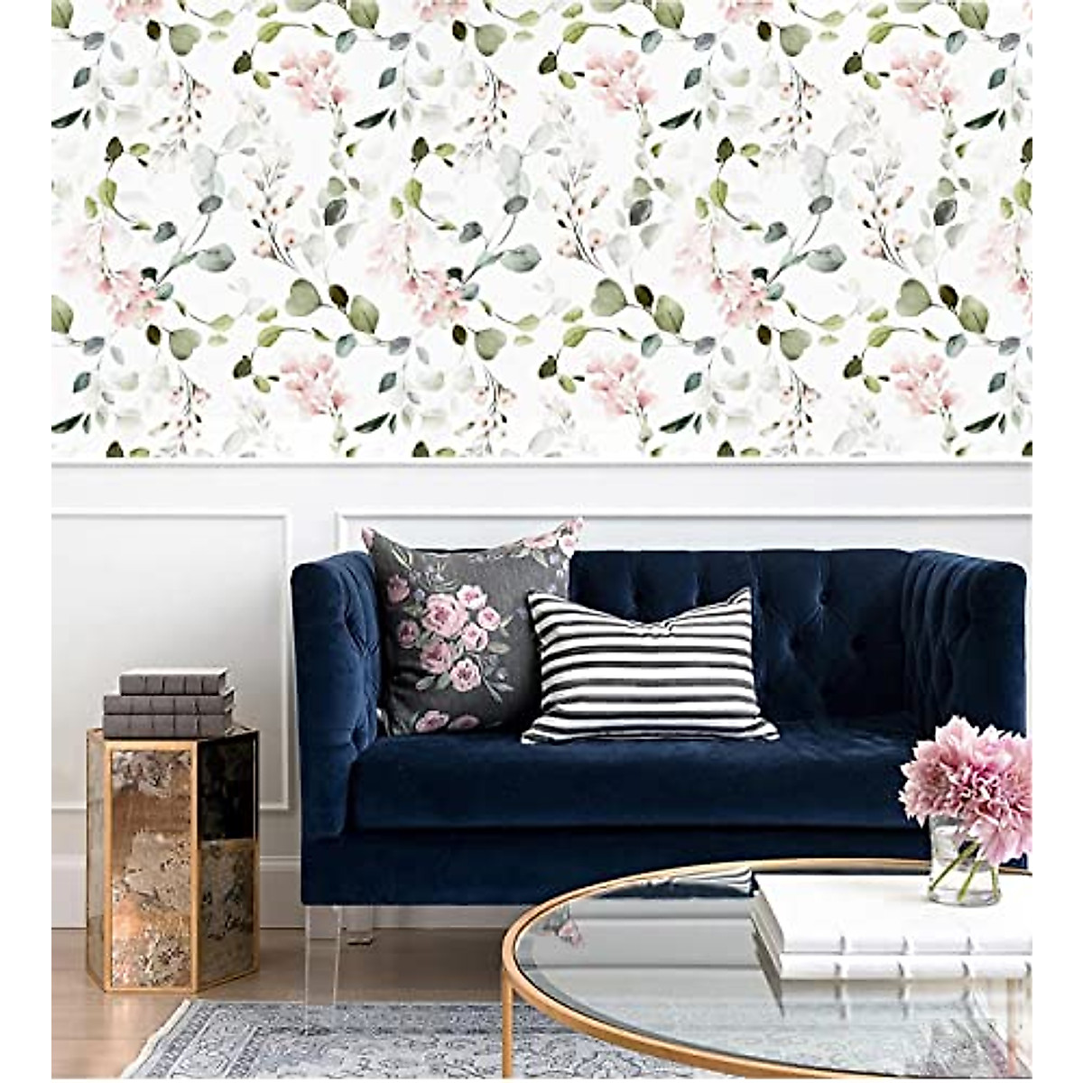 Blooming Wall DPY54 Watercolor Boho Fresh Green Leaves Textured Peel and Stick Wallpaper Self-Adhesive Prepasted Wallpaper