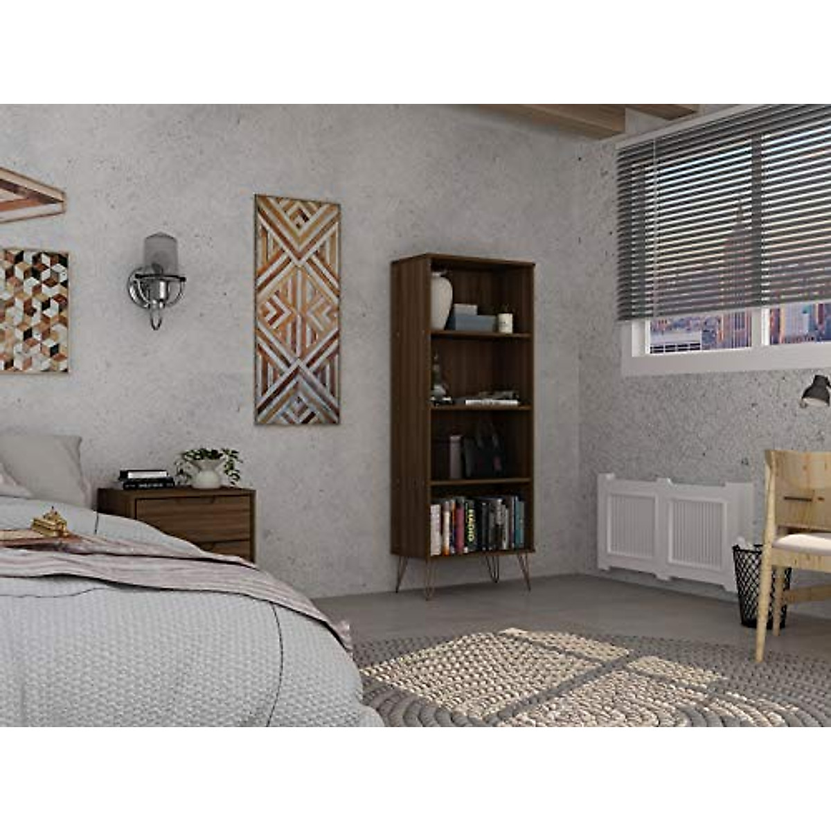 Manhattan Comfort Rockefeller Mid Century Modern 4 Shelves Home Office Bookcase with Metal Legs, 21.26", Brown