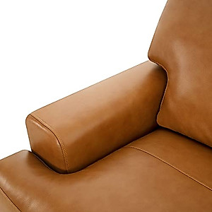 Naomi Home Siggy Genuine Leather Sofa - Luxurious Comfort, Goose Feather Cushion Filling, Square Arm Design, Sturdy Block Legs, Elegant Tan - Ideal for Living Room, Office, or Bedroom