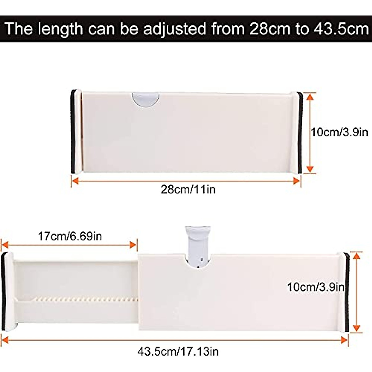 Ulrikco Adjustable Drawer Dividers Organizer 4 Pack, Separators 3.9" High Expandable from 11-17.3", Drawer Separators for Bedroom, Bathroom, Closet, Office, Kitchen Storage, Strong Secure Hold