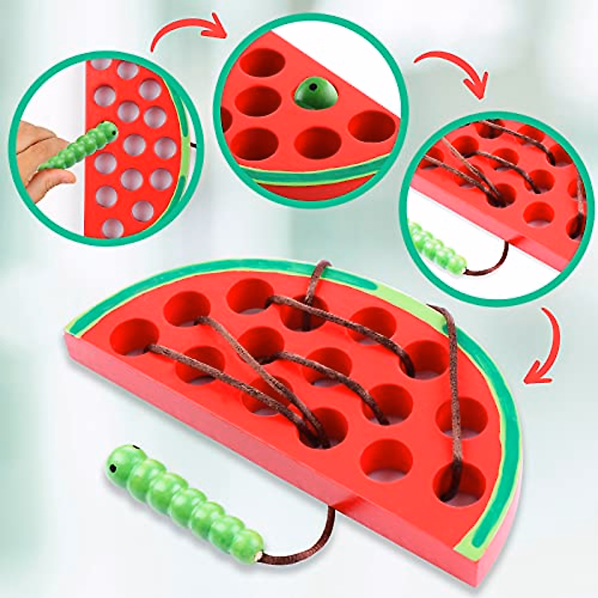 KLT Lacing Toy for Toddlers, Wooden Threading Toy Kids Travel Car Airplane Activities, Road Trip Essentials Games, Educational learning Fine Motor Skills Montessori Toys 1 Apple,1 Watermelon, 1 Cheese