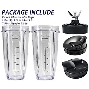 Weierken 24oz Cups Compatible with Nutri Ninja Auto IQ Series Blender, Pro Replacement Parts with 2 Type Lids, 7 Fins Extractor Blade, Compatible for BL450-30, BL456-30, BL481-30,BL487, NN100 etc