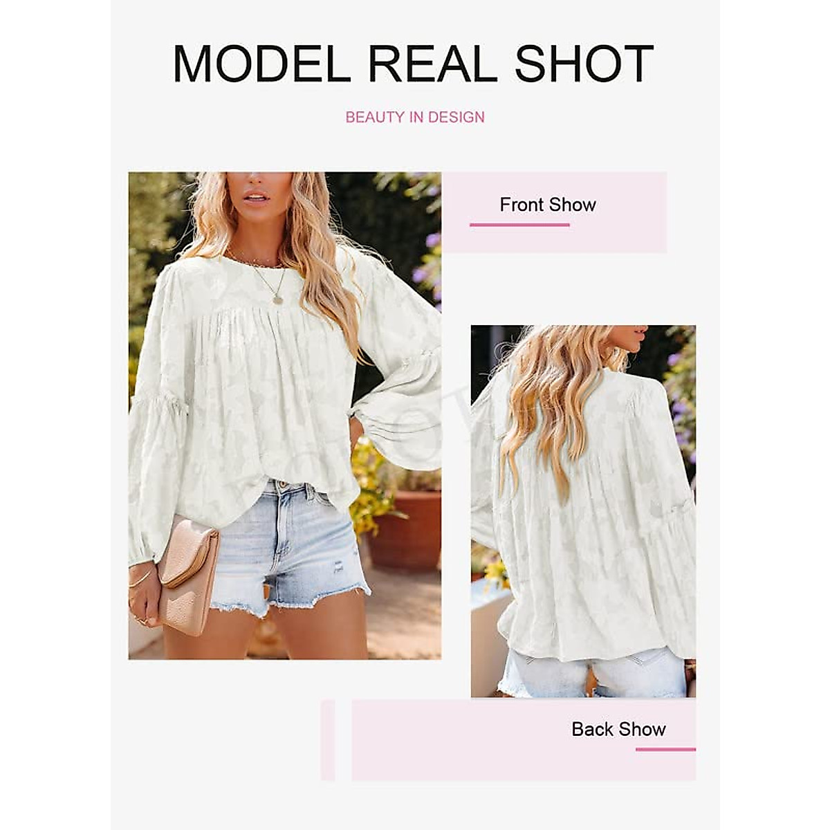 Dokotoo Women’s Floral Textured Babydoll Blouses for Women Lantern Long Sleeve Crewneck Summer Lace Tops Casual Loose Flowy Shirts for Women White Medium