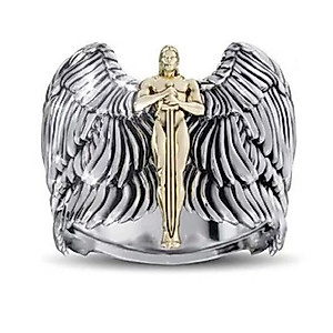 HUKQBUNX 925 Sterling Silver 18K Gold Warrior Sword Angel Wings Two Color Men's Domineering Diamond Ring Size 6-10 (Size 10), Clear,Gold