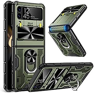 Caka for Galaxy Z Flip 4 Case, Z Flip 4 Case with Camera Cover, Hinge Protection& Kickstand with Built-in 360°Rotate Ring Stand Magnetic Protective Phone Case for Samsung Galaxy Z Flip 4 5G -Green