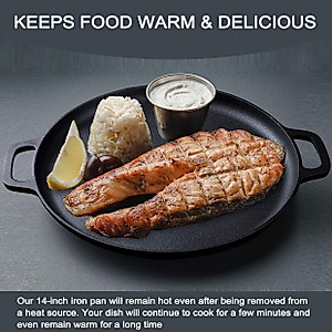 Max K 14-Inch Pizza Pan with Handles - Preseasoned Cast Iron Cooking Pan for Baking, Roasting, Frying - Black