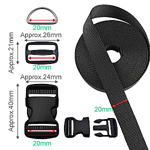 3/4 Inch Buckles Straps Set 6 Yards 3/4 Inch Black Nylon Webbing Strap 6 Pcs Plastic Buckle Dual Adjustable 12pcs Tri-glide Slide Clip Metal D Rings