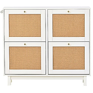 BOLGTO Rattan Shoe Cabinet with 4 Flip Drawers, Wooden Shoe Storage Organizer Cabinet for Entryway Slim, Free Standing Rattan Shoe Rack with Legs, Shoe Organizer for Heels, Boots, Slippers (White)