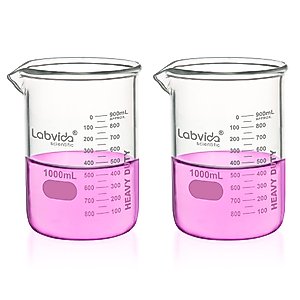 Labvida Heavy Duty Glass Beakers Set 2 pcs of Vol.1000ml Thick-Walled, 3.3 Boro Griffin Low Form with Double Scale Printed Graduation for Laboratories, Industries, Schools and Home use, LVAC014