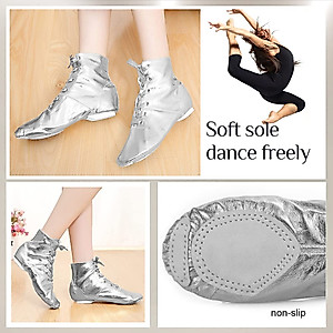 TINRYMX Jazz Shoes PU Leather Lace-up Elastic Slip On Split Sole Jazz Shoe for Women&Men Dance Shoes,GBPU-Silver-Suede Sole,7 US