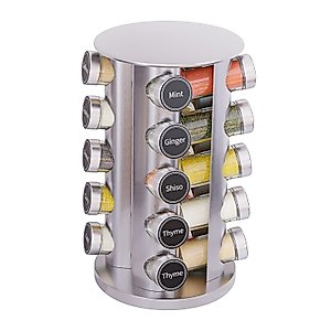 New England Stories Revolving Spice Rack Set with 20 Spice Jars, Kitchen Spice Tower Organizer for Countertop or Cabinet - Carousel Storage Includes 386 Spice Labels (Silver)