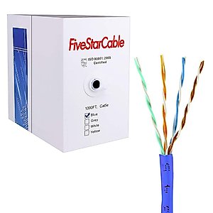 FiveStarCable Cat5e 1000 Ft. Ethernet 24AWG 4 Twisted Pair UTP Internet Network Router LAN IP Camera System Bulk Cable Wire Pull Box - Blue Color