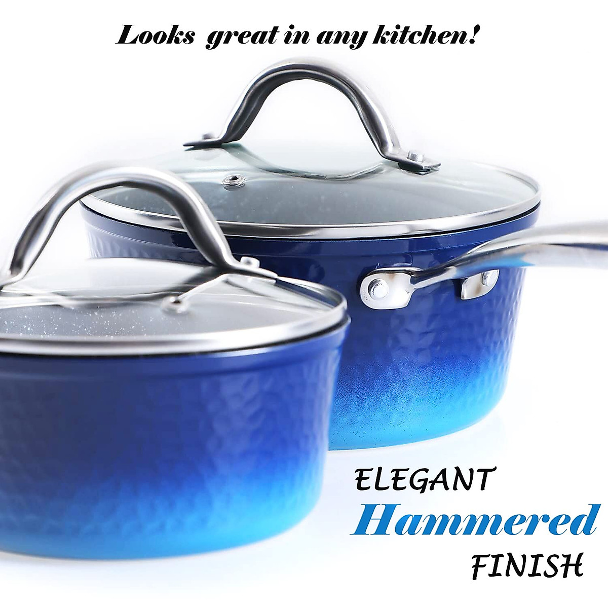 Kitchen Academy Pots and Pans Set Non Stick - 15 Pieces Blue Hammered Cookware Set, Granite Nonstick Coating Induction Compatible for All Stove PFOA&PFOS Free