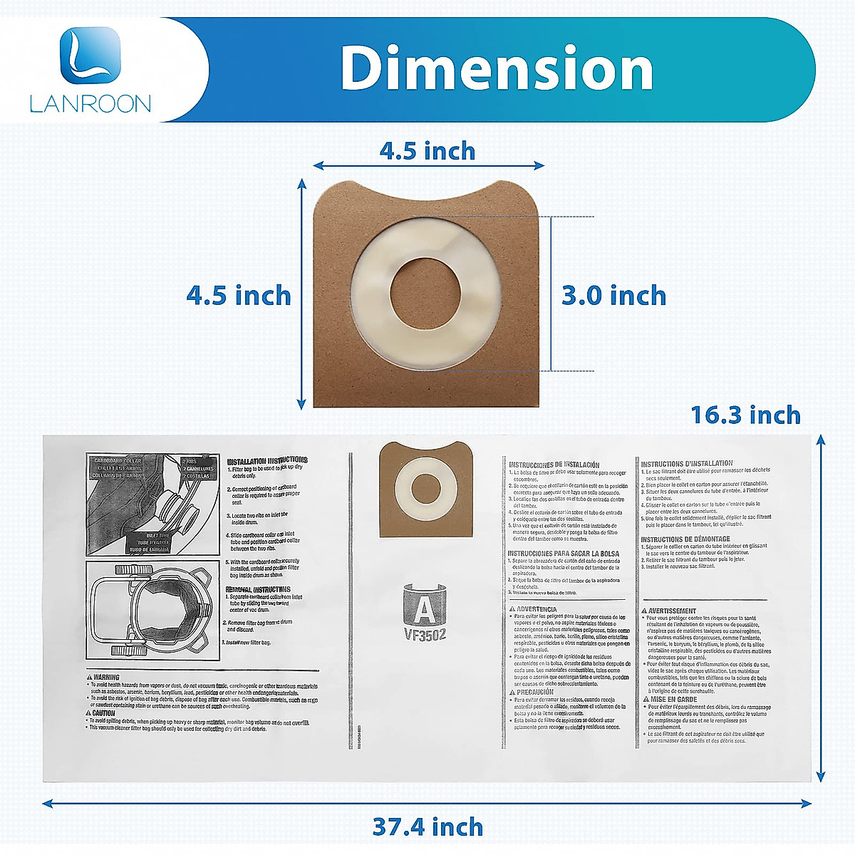 LANROON 12 Pack Replacement 23743 VF3502 Vacuum Bags Compatible with Ridgid 12-16 Gallon Vacuum WD1950 WD1956 WD1850 WD1851 RV2400HF WD1450 WD1680 WD1270
