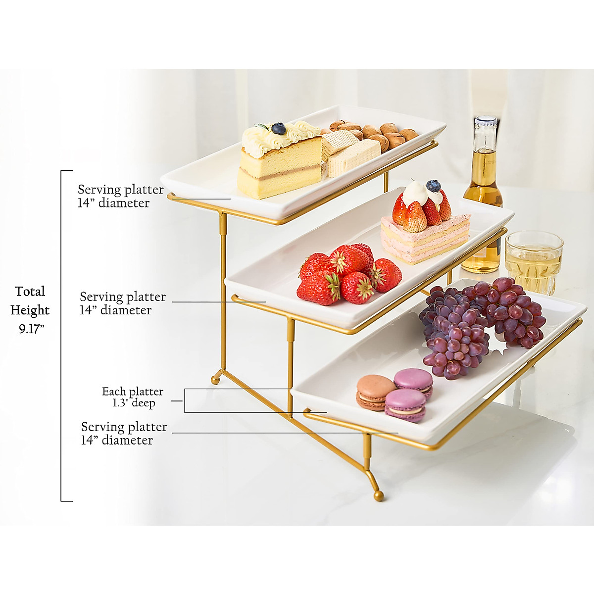 LAUCHUH 3 Tier Serving Stand with Porcelain Bowls, Oval Shape, Ideal for Food Presentation, Dishwasher Safe