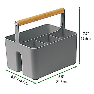 mDesign Plastic Portable Storage Organizer Kitchen Caddy Tote, Divided Bin with Wood Handle for Napkins, Silverware, Forks, Knives, Spoons - Store in Cabinets, Countertops - Charcoal Gray/Natural
